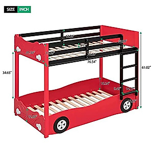 OYN Twin Over Twin Car-Shaped Bunk Bed Frame with Wheels for Children Teens Boys and Girls, Red