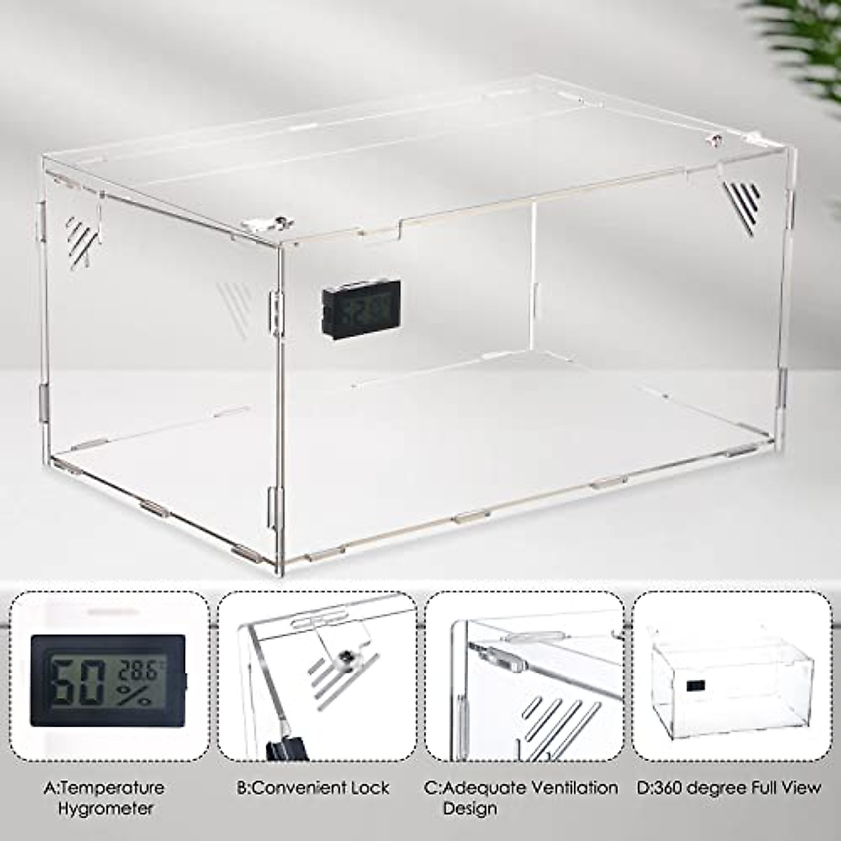 PetierWeit Reptile Terrarium Acrylic Reptile Tank with Temperature Hygrometer 15.3"x9.7"x7.6" Large Reptile Breeding Box Suitable for Tortoise, Horned Frog, Gecko, Chameleon, Snake, Hamster, Spider