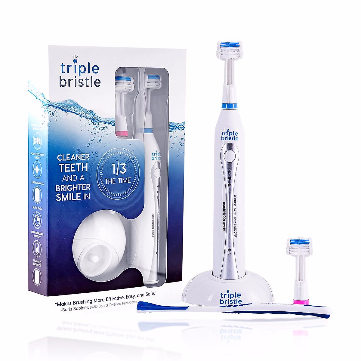 Triple Bristle Original Sonic Toothbrush | Rechargeable 31,000 VPM Tooth Brush | Patented 3 Head Design | Angled Bristles Clean Each Tooth | Dentist Created & Approved Original