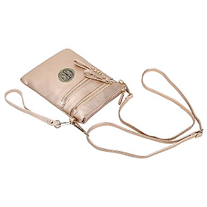 Solene Women's Faux Leather Organizer Multi Zipper Pockets With Detachable Wristlet Crossbody Bag -WU002L (Rose Gold-1)