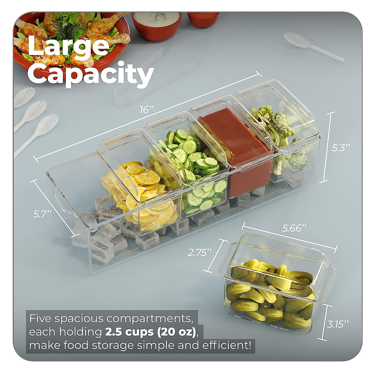 Prime Home Direct Ice Chilled Condiment Caddy | 5 Containers & Lids | Hosting Party Supplies Serving Tray Platter | Buffet, Food Server, Fruit, Garnish, Mimosa, Salad, Taco Bar Accessories Organizer
