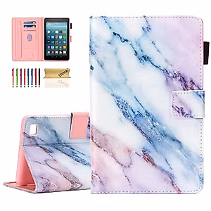 Dteck Case Cover for Kindle Fire 7 Tablet (7" Display, 9th/7th/5th Generation, 2019/2017/2015 Release) - Auto Sleep Wake Case Synthetic Leather Wallet Protector Fold Stand Kindle Cover (White Marble)