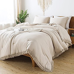 Andency Beige Comforter Set California King, Boho Tassel Lightweight Bedding Comforter Sets, 3 Pieces All Season Soft Fluffy Fringe Bed Set (104x96In Comforter & 2 Pillowcases)