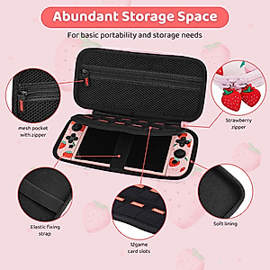 FUNDIARY Cute Strawberry Carrying Case for Nintendo Switch, Travel Bag Accessories Bundle for Switch with Protective Case, Screen Protector, Adjustable Shoulder Strap and 2 Strawberry Thumb Caps