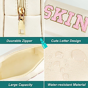 JOINDO Skin Makeup Bag, Skin Care Cosmetic Toiletry Bag, Preppy Makeup bag,Portable Makeup Zipper Pouch Storage Purse, PU Leather Skincare Organizer Bag for Travel Daily Use