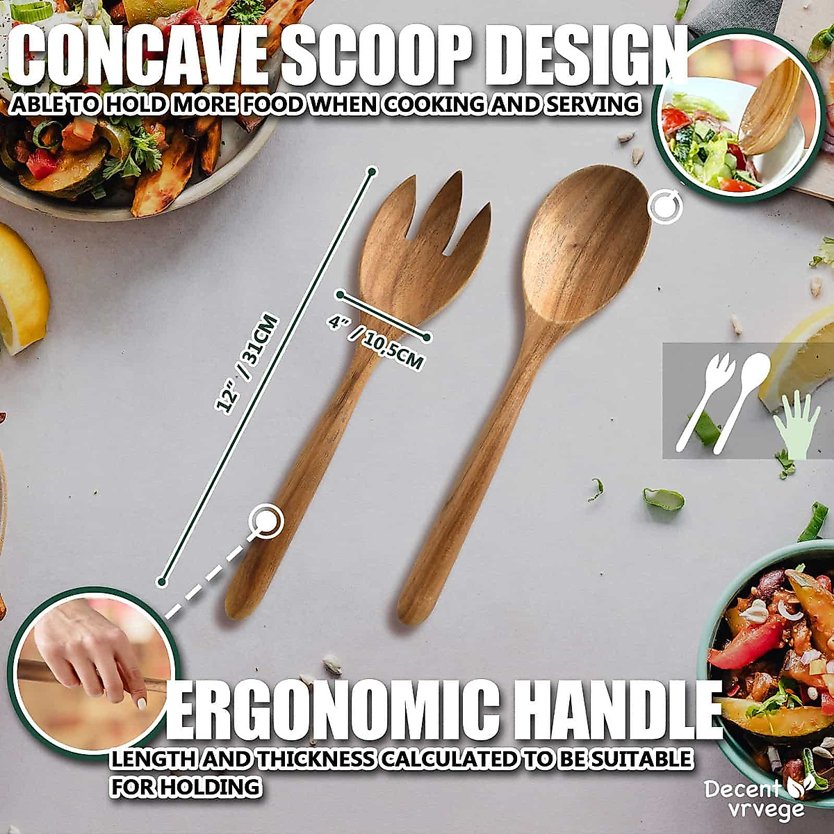 Wooden Salad Server Set, Acacia Wooden Salad Spoons & Fork Claw Set of 2, Salad Tongs Food Mixing Serving Tool, Salad Serving Tosser Utensils, Kitchen Cooking Stirring Utensils