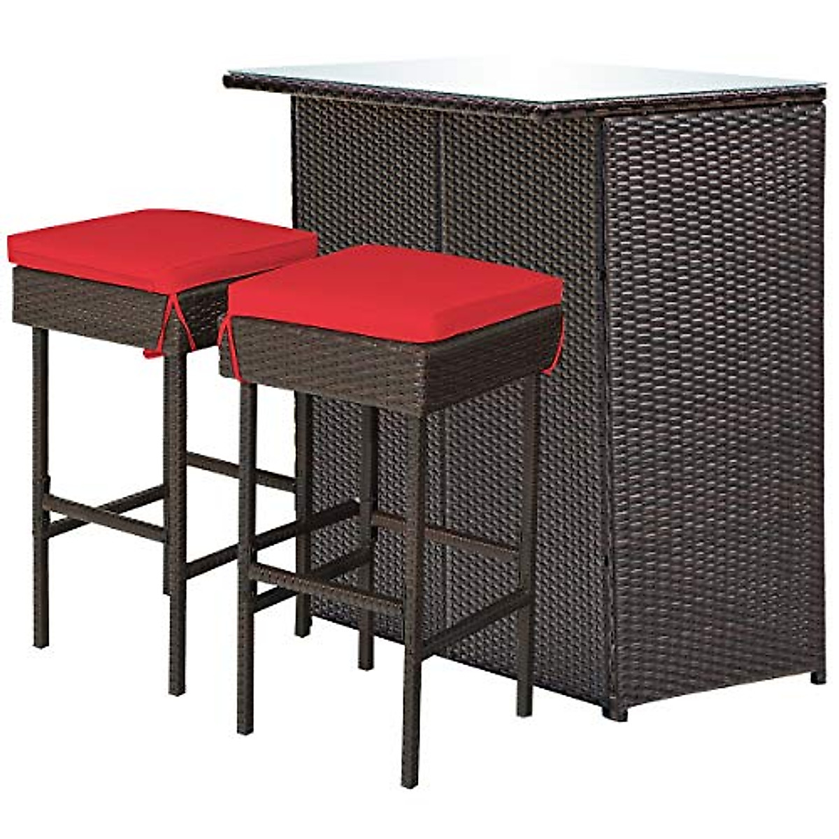 Tangkula Patio Bar Set, 3 Piece Outdoor Rattan Wicker Bar Set with 2 Cushions Stools & Glass Top Table, Outdoor Furniture Set for Patios Backyards Porches Gardens Poolside (Red)