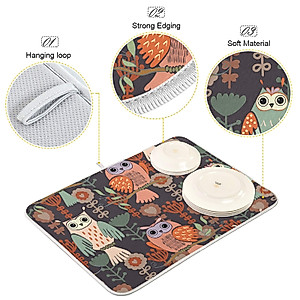 OTVEE Owl Printed Machine Washable Absorbet Dish Drying Mat Kitchen Counter Pad Cute Animal Heat Resistant Microfiber Counter Protector with Hanging Loop, 16X18inch