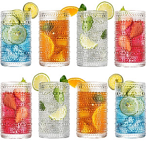wookgreat Drinking Glasses, 8 pcs Embossed Designed Glass Cups, 15oz Highball Glasses, Tall Water Glass Tumbler, Mojito Cups, Cocktail Glass, Vintage Glassware Set for Water, Juice, Cocktail, Whiskey