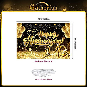 Gatherfun Happy Anniversary Banner Backdrop Anniversary Party Supplies Large Black Gold Photography Background Poster for Wedding Anniversary Party Birthday Party Decorations