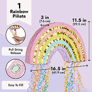 Rainbow Pull String Pinata for Pastel Birthday Decorations, Gender Reveal Party Supplies (Small, 16.5 x 10 x 3 In)