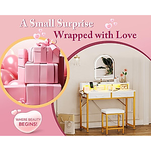 AODK Vanity Desk with Vanity Chair, Makeup Vanity with LED Lights, White Small Vanity Desk Without Mirror, 32 Inch Makeup Table for Small Space with 2 Fabric Drawers, Desk Make Up Vanity for Girls