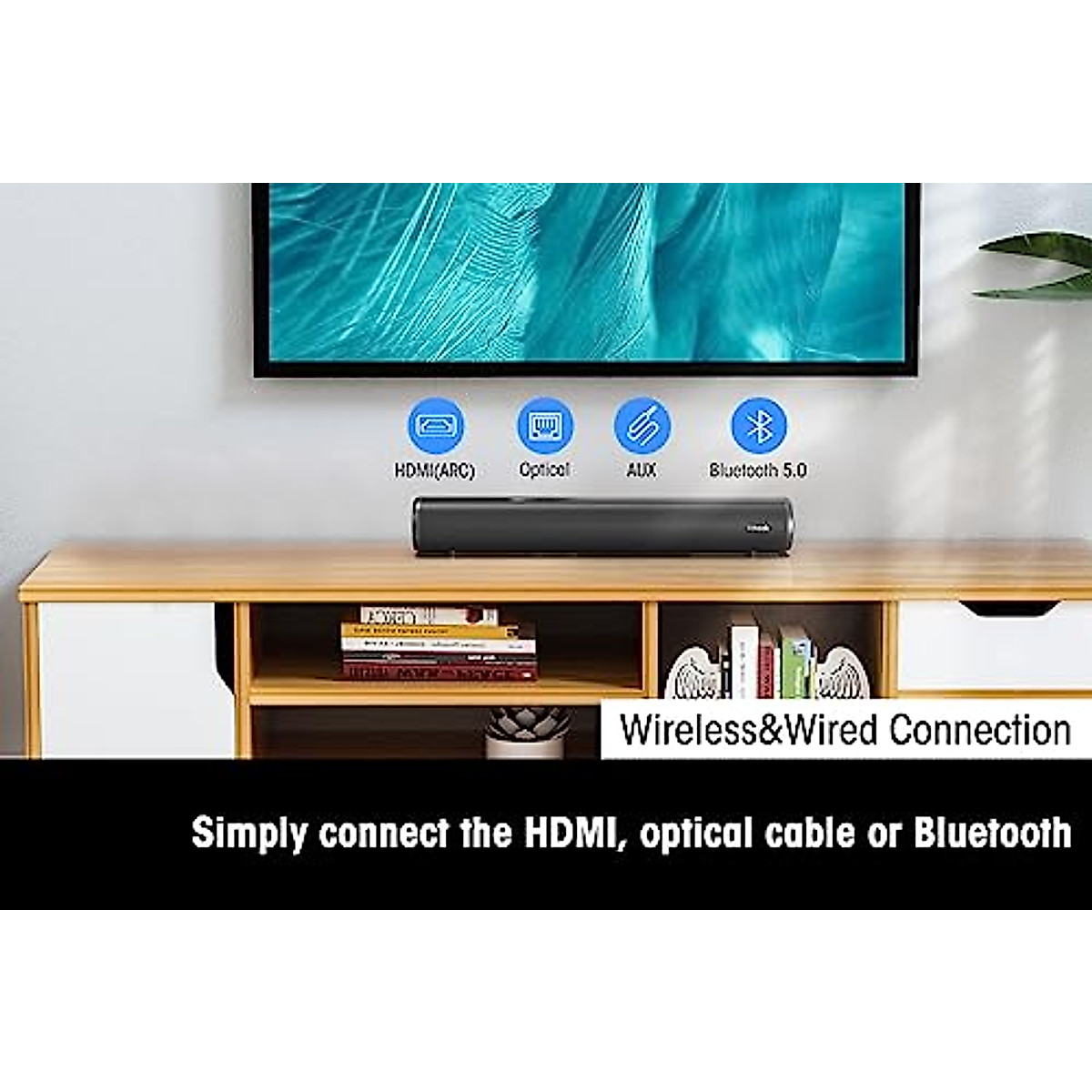 littoak 2.1 Sound Bar with Subwoofer for TV, Deep Bass Small Soundbar TV Speaker Home Theater Surround Sound System, HDMI/Bluetooth/Optical/Aux Connection, 16 Inch