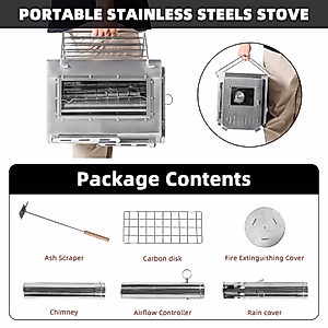 UNDUSLUY Outdoor Portable Stainless Steel Wood Burning Stove, 22“ Oversize Heating Burner Stove for Tent, Camping, Ice-Fishing, Cookout, Hiking, Travel, Includes Pipe Tent Stove