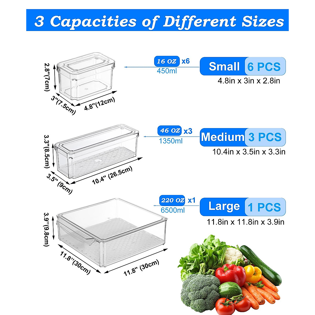 Pure Future Set of 10 Refrigerator Organizer Bins Stackable with Lids, Fridge Organizers and Storage Clear, BPA-Free, Fridge Storage Containers for Fruits & Vegetables