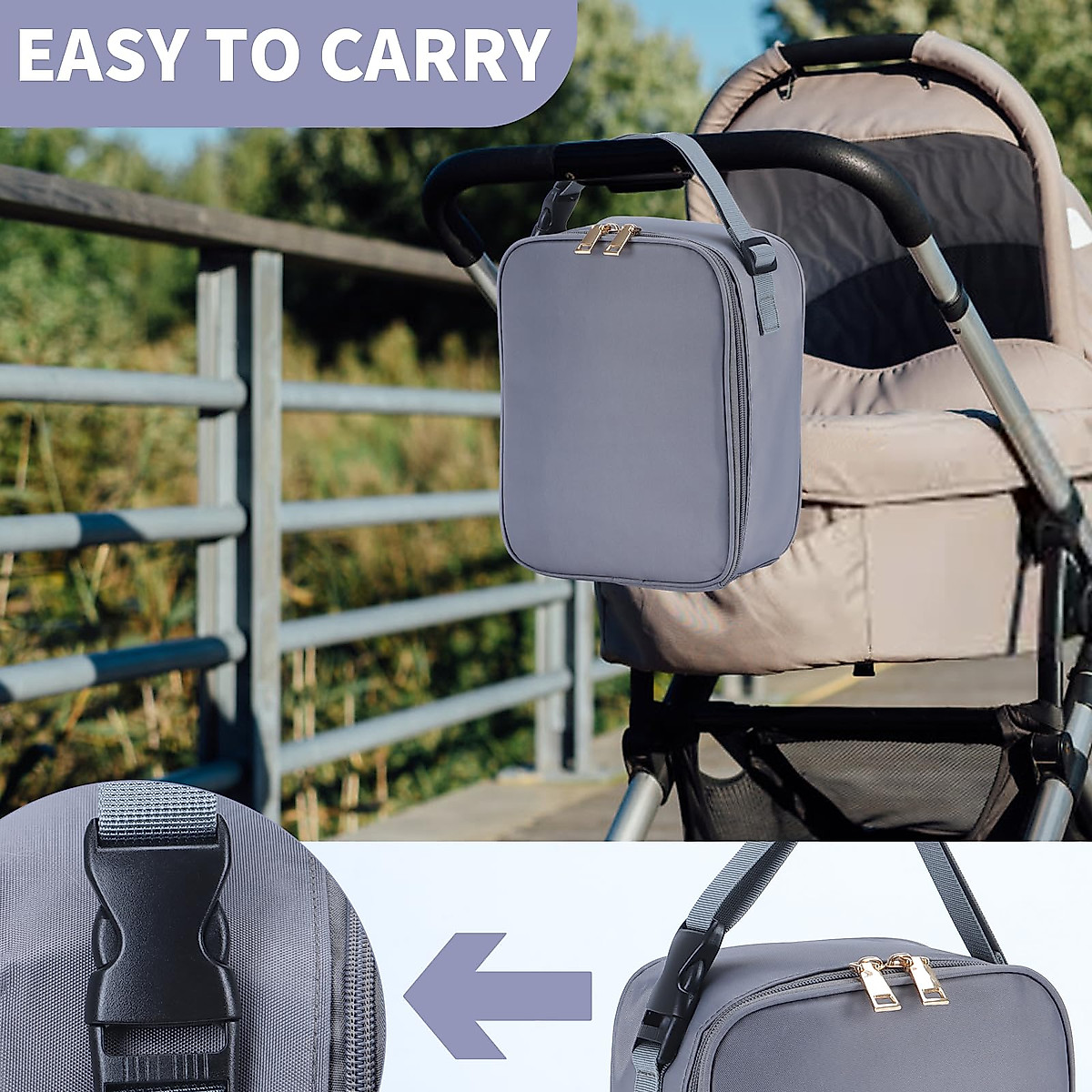 AURAUS Breast Milk Cooler Bag with Ice Packs Fits 2 Baby Bottles Up to 9 Ounce Suitable for Nursing Mom Daycare (Grey)