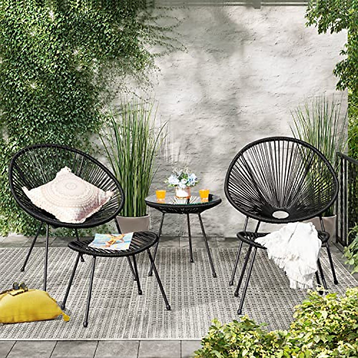 Devoko 5 Piece Outdoor Furniture Set Acapulco Modern All-Weather Conversation Set, 2 Chairs and 1 Glass Table with 2 Footrest for Indoor, Patio, Lawn, Garden, Poolside (Black)