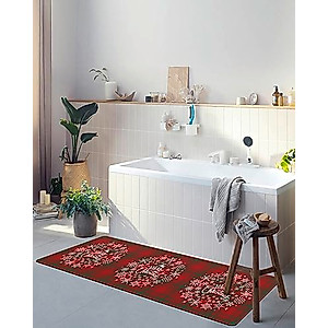 Snowflake Bath Mat for Tub,Non Slip Bathroom Floor Runner Rug Quick Dry & Absorbent Diatomaceous Earth Shower Sink Bedroom Kitchen Washable Doormat,Red Christmas Elk Xmas Plaid Rustic 20"x47"