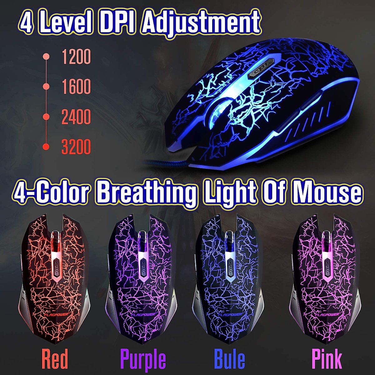 FLAGPOWER Gaming Keyboard and Mouse, Gaming Mouse Pad Combo, 3 Colors Changeable Backlit Mechanical Feeling Keyboard with 4 Colors Breathing LED Backlight Mouse for PC Laptop Computer Game and Work