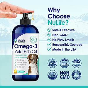 Liquid Fish Oil for Dogs with Omega 3, 6 & 9 Fatty Acids, Wild Caught from Iceland, Skin and Coat Supplement for Shedding, Itchy Skin, Allergies, Brain and Heart Health, Rich in EPA + DHA - 32 oz