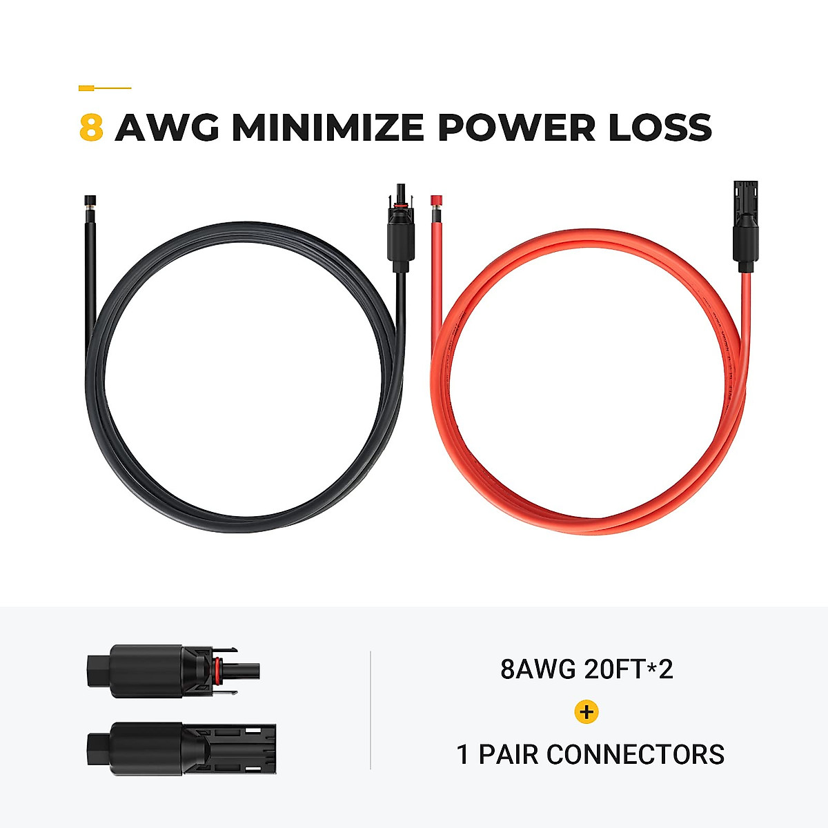 BougeRV 20 Feet 8AWG Solar Extension Cable with Female and Male Connector with Extra Free Pair of Connectors Solar Panel Adaptor Kit Tool (20FT Red + 20FT Black)
