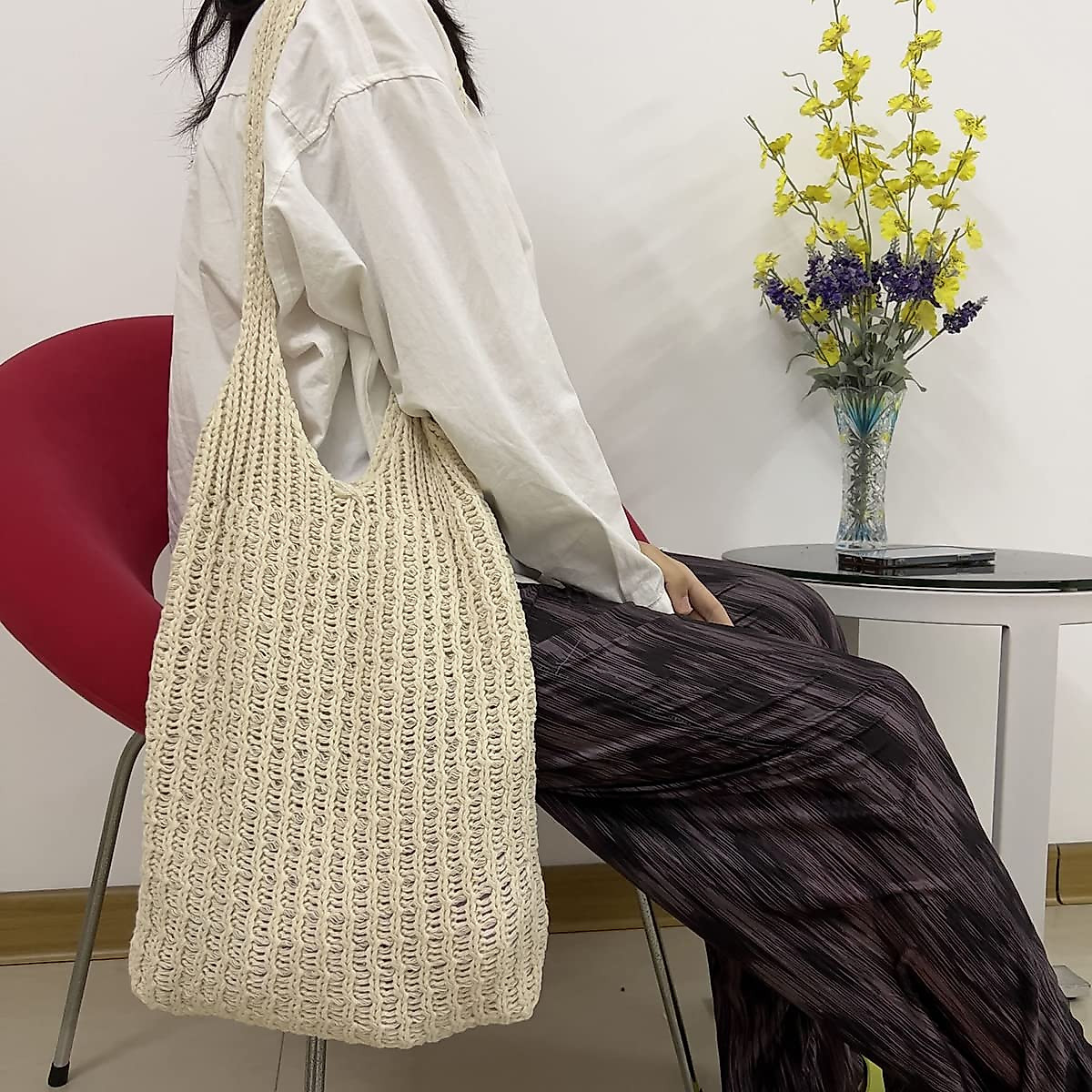 Hobo bag for women contrast color large capacity tote bag shoulder bag women's trendy knitted bag(Apricot)