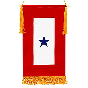 ANLEY Military Service Banner - USA Family Member On Service One Blue Star - 15" X 8" Fringed Flag & Wooden Flagpole & Golden Hanging Cord with Tassels - Vivid Color & Fade Resistant