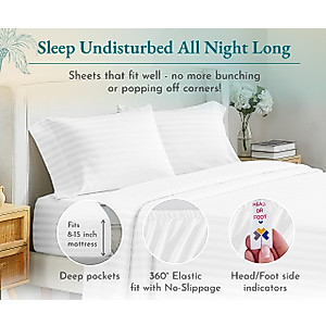 Luxury Split King Sheets Set For Adjustable Bed, 100% Cotton 500 Thread Count, Snug Fit, 5Pc Set With 2 Twin-Xl Fitted Sheets, Hotel Quality Damask Stripe Bedsheets (Split King, Stripe - Pure White)