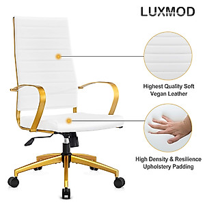 LUXMOD Ergonomic Office Chair, High Back Executive Chair in White Vegan Leather with Gold Accents, Adjustable Desk Chair with Back Support for Home Office(White)