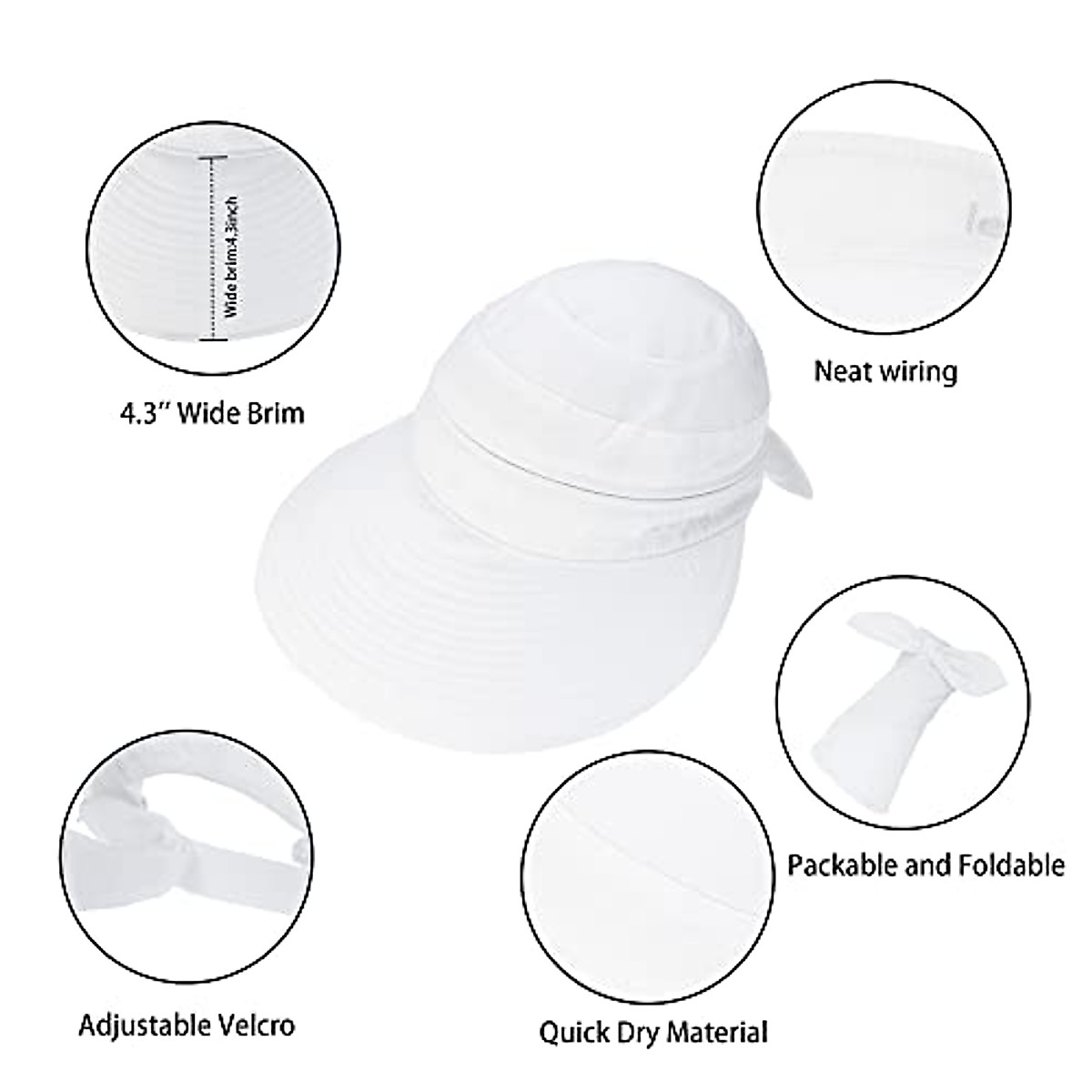 Womens Large Brim Sun Hat Uv Protection 2 in 1 Zip-Off Sun Protection Visor Beach Hat Packbale Foldable White