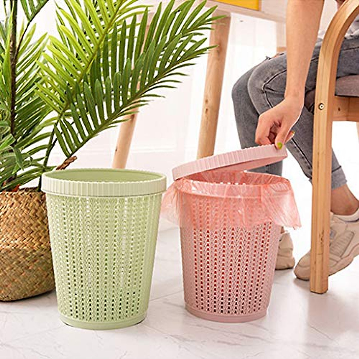 UWEL Hollow Trash Can Waste Bin with Built-in Trash Bag Storage Box Creative Wastebasket Garbage Bin Storage Basket Home Living Room Bedroom Kitchen Waste Debris Storage Garbage Bin Basket (Blue)