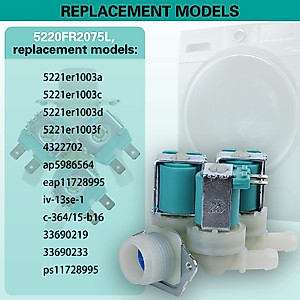 5220FR2075L Water Inlet Valve, tTSAVS Cold Water Inlet Valve Replacement for LG Kenmore Washing Machines, Replaces for 5221ER1003A AP5986564 5221ER1003C 5221ER1003D PS11728995 WM9000HWA and more.