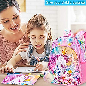 CCJPX 3PCS Unicorn Backpack for Girls, 16”Kids Preschool Sequin Bookbag and Lunch Box for Kindergarten Elementary