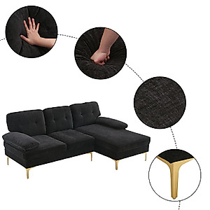 POULEII Sectional Sofa,Modern L-Shape Modular Sectional Sofa Sleeper Couch with Chenille Fabric and Gold-Plated Feet for Living Room, Apartment, Office,Black