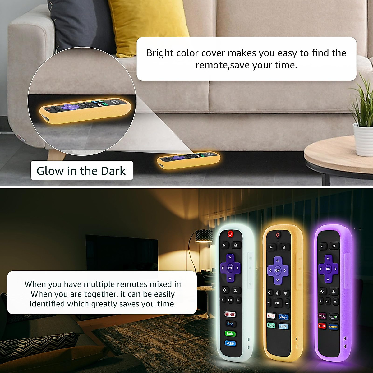 SOTATOO (3 Pack) Remote Cover for Roku, Remote Case Compatible with Roku Voice Remote Official, Silicone Universal Protective Controller Sleeve Glow in The Dark Purple Orange White with Lanyards