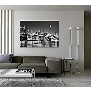 Baisuart-Q30369 Brooklyn Bridge Night View 1 Panels Landscape Artwork Canvas Prints Moon Night New York City Scene Picture Paintings Black and white Wall Art for Oiffce Home Decorations Wall Decor