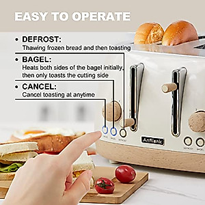 Anfilank Toaster 4 Slice,Retro Stainless Steel Toaster with Extra Wide Slots Cancel, Bagel, Defrost Function, Dual Independent Control Panel, Removable Crumb Tray, 6 Shade Settings and High Lift Lever, Cream, Large Size