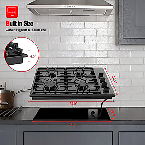Gas Cooktop 30 Inch Black, GASLAND Chef PRO GH2304ES 4 Italy Sabaf Sealed Burner Gas Stovetop, 3.9 ft Cord Plug, Heavy Duty Cast Iron Grates with Metal Knobs, 28,300 BTU NG/LPG Convertible