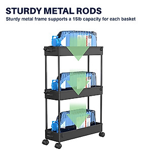 SPACELEAD 3 Tier Rolling Cart with Wheels, Storage Craft Art Cart Trolley Organizer Serving Cart, 3 Hanging Baskets Easy Assembly, for Office, Living Room, Kitchen, Black