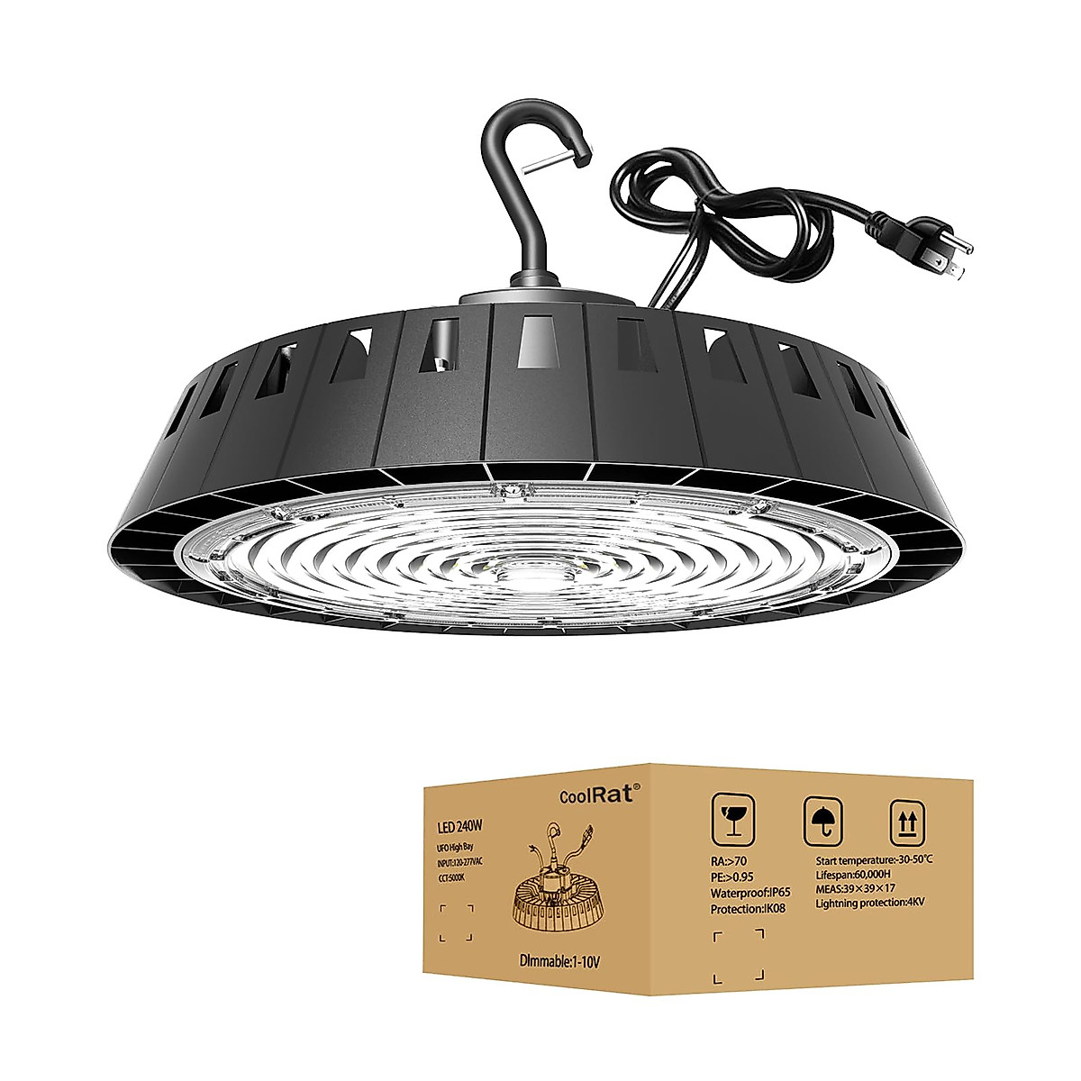 CoolRat High Bay Led Shop Lights, 240W 38,400LM 5000K UFO Led Hight Bay Light, Led High Bay Light for Commercial Industrial Warehouse Shop Factory Barn Garage Area Lighting Fixture