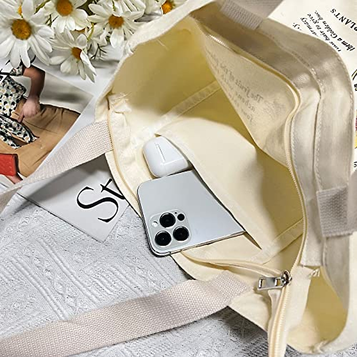 Keanoo Canvas Tote Bag, Aesthetic Tote Bag for Women School Shoulder Bag with Zipper Gift Bag for Teacher's Day