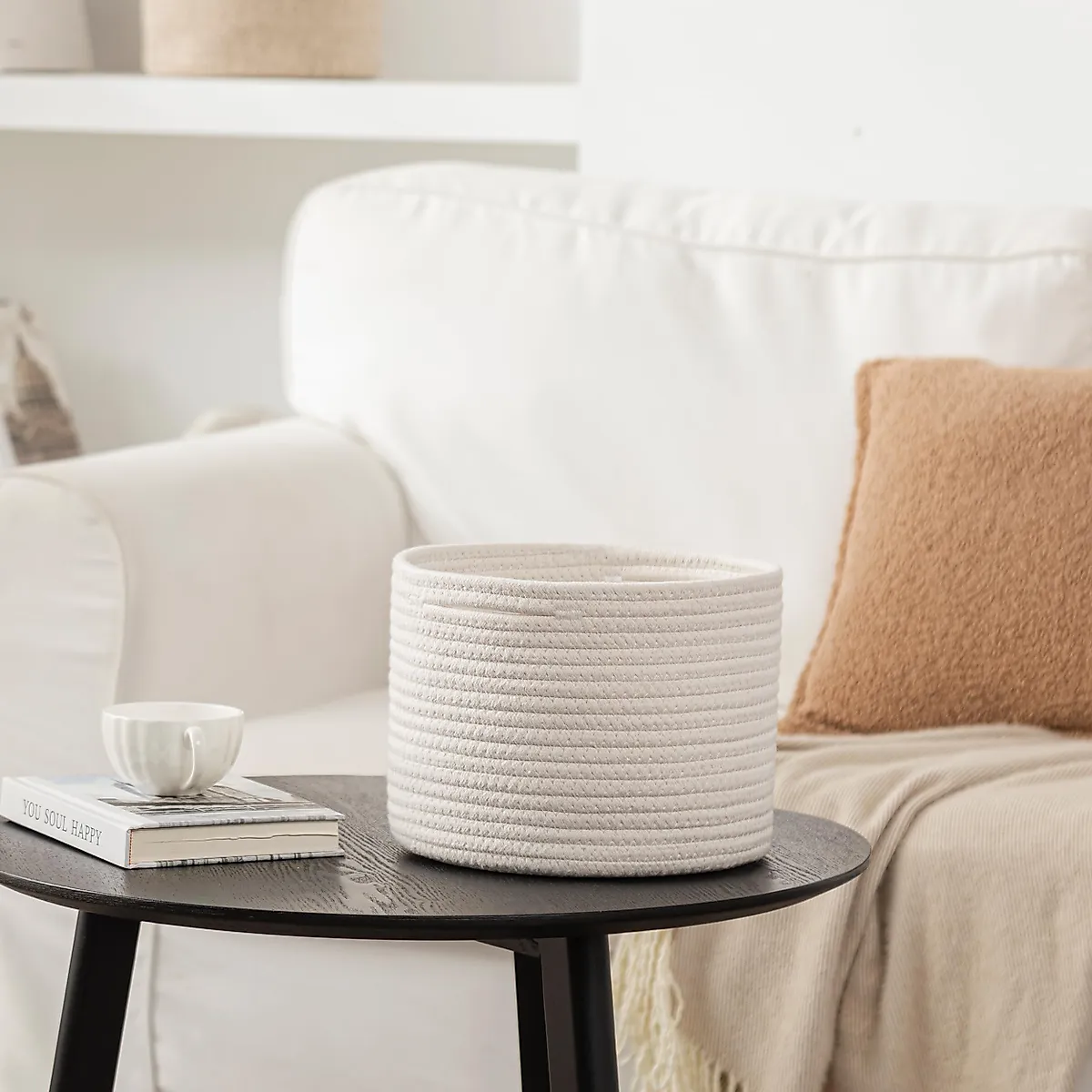 UBBCARE Small Basket for Organizing, Round Woven Basket With Handles, Small Storage Basket for decor, Grey Cotton Rope Basket (9.5" x 9.5" x 7.1")