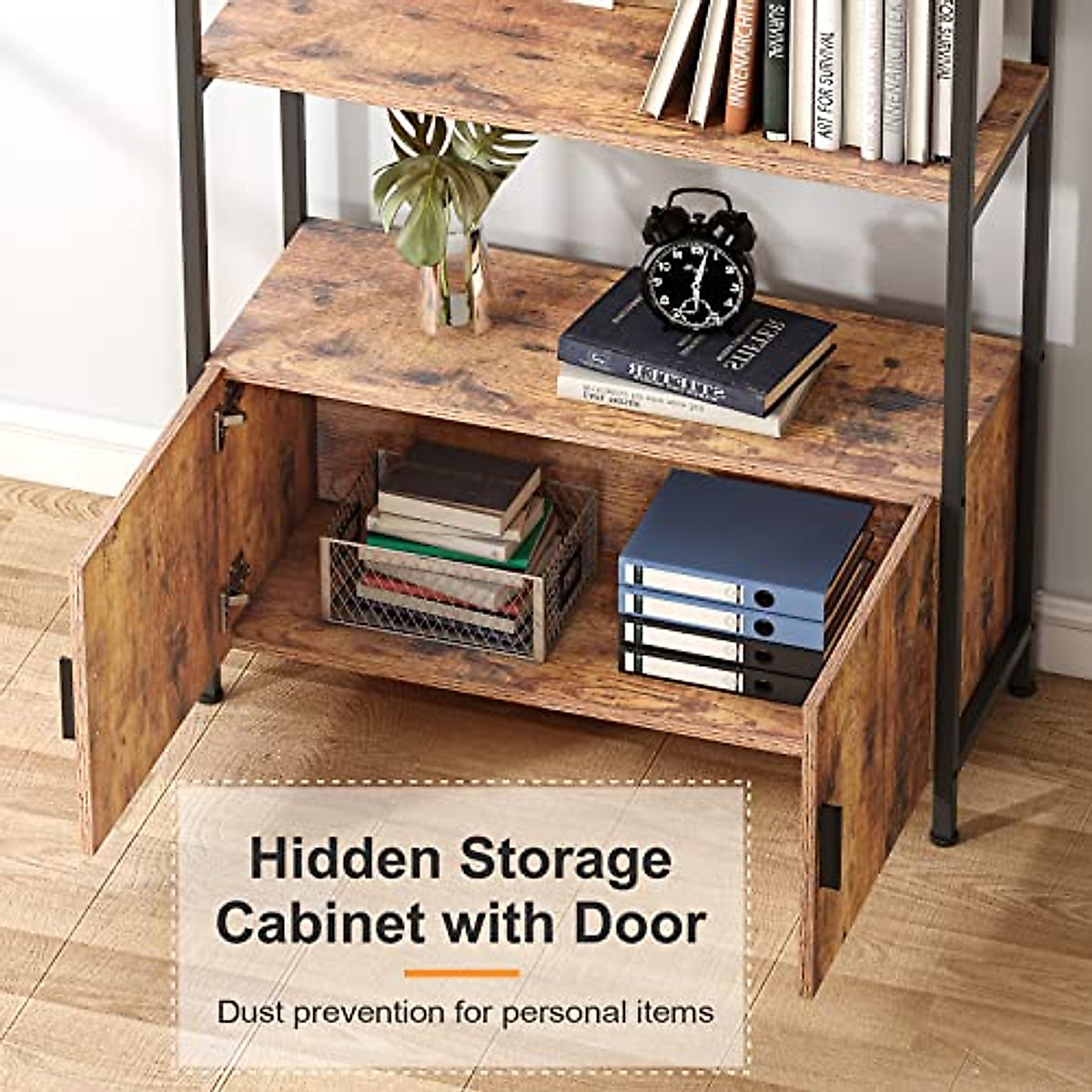 Jehiatek Arched Bookshelf, Bookcase with Doors Storage, 71 Inches Tall Industrial Book Shelf with Sturdy Metal Frame, E1 Quality Boards, Freestanding Display Shelving Unit, Black and Rustic