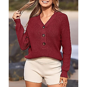 BTFBM Women Long Sleeve V Neck Button Down Sweater Solid Color Ribbed Knit Sweater Casual Relaxed Fit Pullover Jumper (Solid Jujube Red, Large)