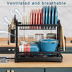 LEAQU Dish Drying Rack,Dish Rack for Kitchen Counter,2-Tier Carbon Steel Dish Drainer with Drainboard and Utensil Holder, Sink Dish Drainer Kitchen Organizers and Storage Rack for Dishes,Spoons Black