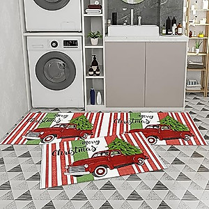 2 Pieces Kitchen Rugs and Mats Set, Christmas Truck Xmas Tree Red Green Stripe Kitchen Mats Cushioned Floormat Non Slip Runner Rug Set for Kitchen Laundry Entryway Decor, 15.7"x23.6"+15.7"x47.2"
