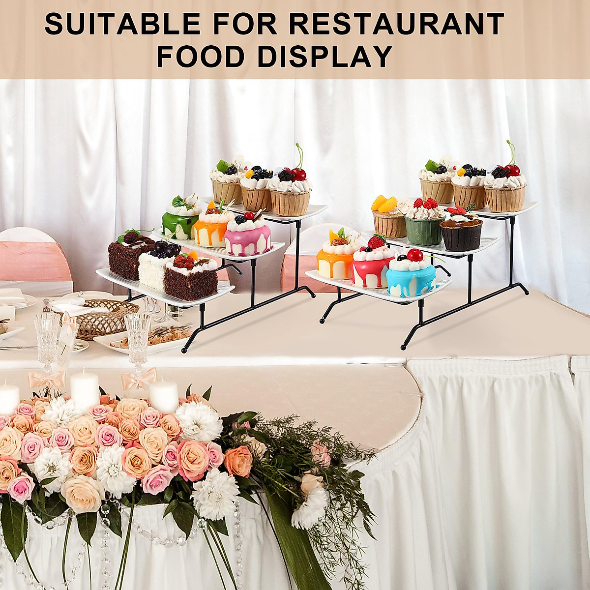 Tanlade 2 Pcs Tiered Serving Stand 3 Tier Serving Tray with 3 Porcelain Serving Platters Ceramic Tiered Serving Trays Platters with Detachable Metal Rack Dessert Table Display Set Stable for Party