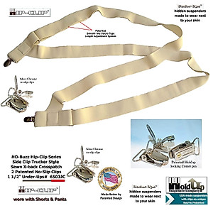 Holdup Hip-Clip Style Under-Ups Tan 1 1/2" Suspenders for Men with the USA Patented Metal "No-Slip" Clip