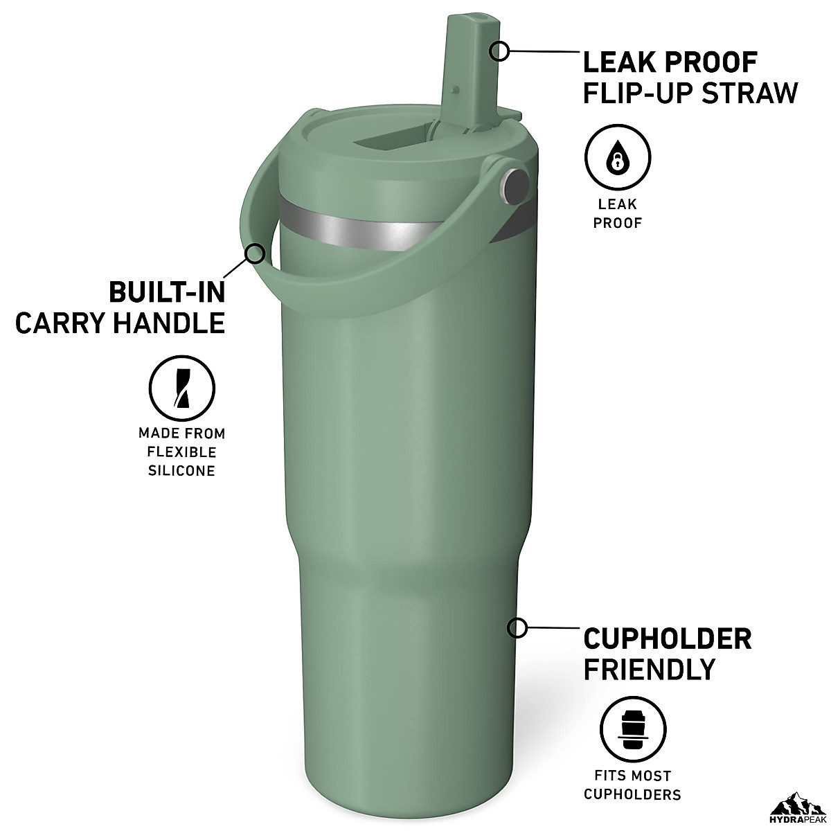 Hydrapeak Nomad 32 oz Tumbler with Handle and Straw Lid, Leakproof Tumbler, Tumbler Lid Straw, Double Insulated Tumblers, 32oz Double Insulated Cup Straw, Stainless Steel (Sage)