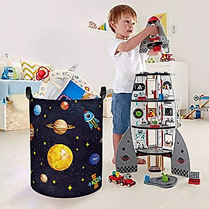 Clastyle 45L Boys Black Planets Nursery Hamper Collapsible Outer Space Laundry Basket with Drawstring Waterproof Kids Room Storage Basket with Handle, 14 * 17.7 in